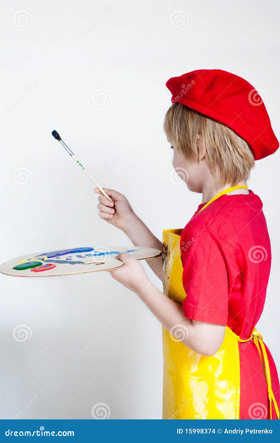 Small Artist. Boy Painter Painting On Wooden Floor Stock Image ...
