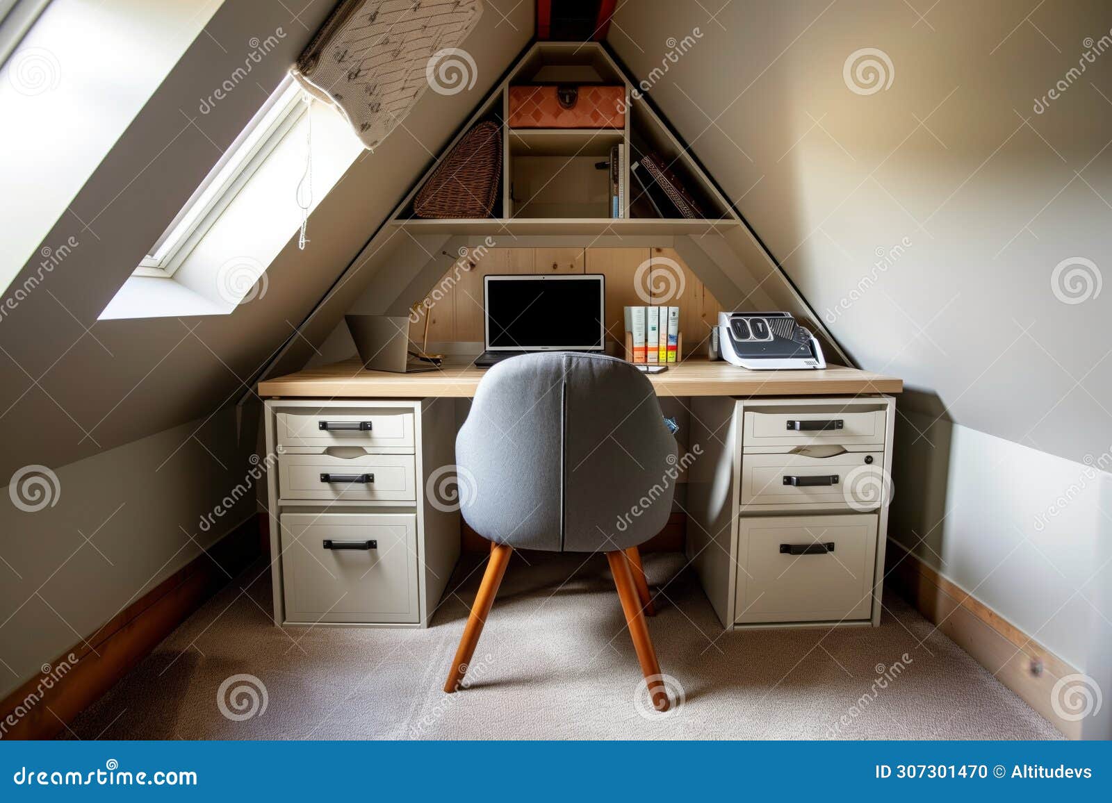Small Attic Space Turned Office with Desk, Chair, and Open Laptop Stock ...