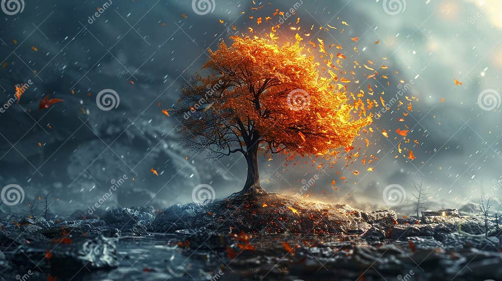 A Small Autumn Tree in a Big Forest. Environmental Concept Stock Photo ...
