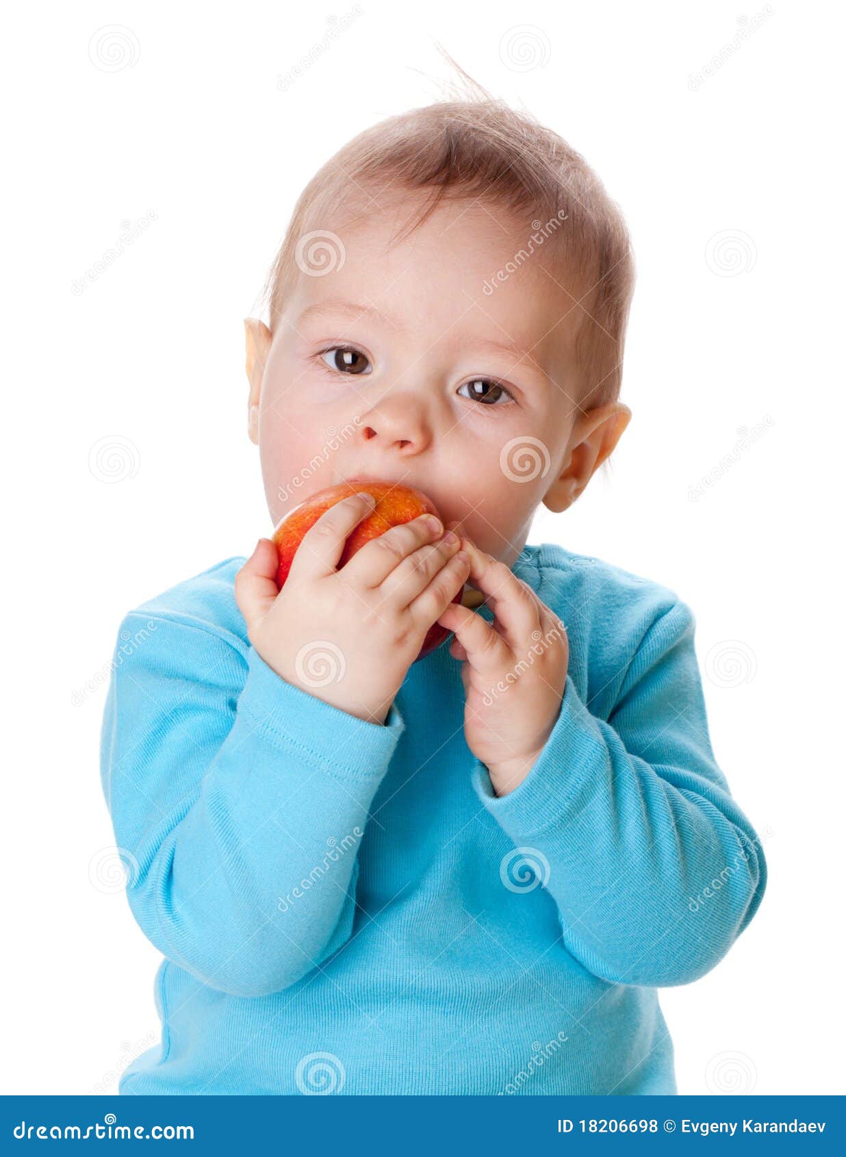 Small Baby Eating Red Apple Stock Photo - Image of little, blue: 18206698