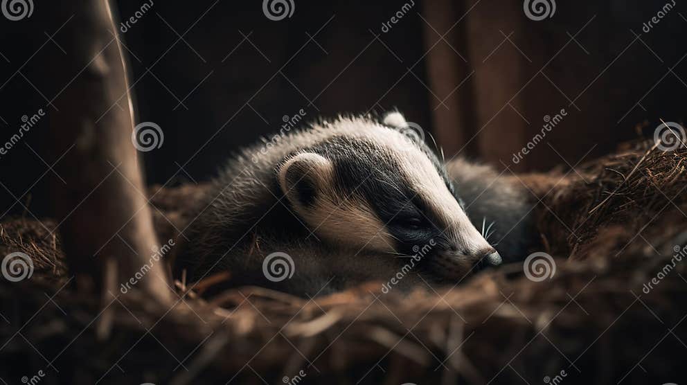 A Small Badger is Sleeping in a Pile of Hay and Straw Stock ...