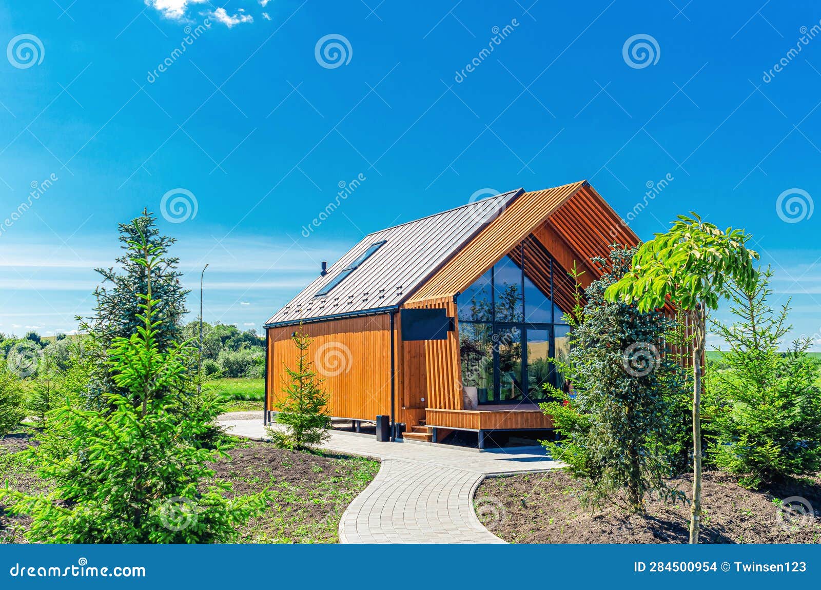 Small Barnhouse House on a Plot with a Path, Trees and Bushes Under a ...