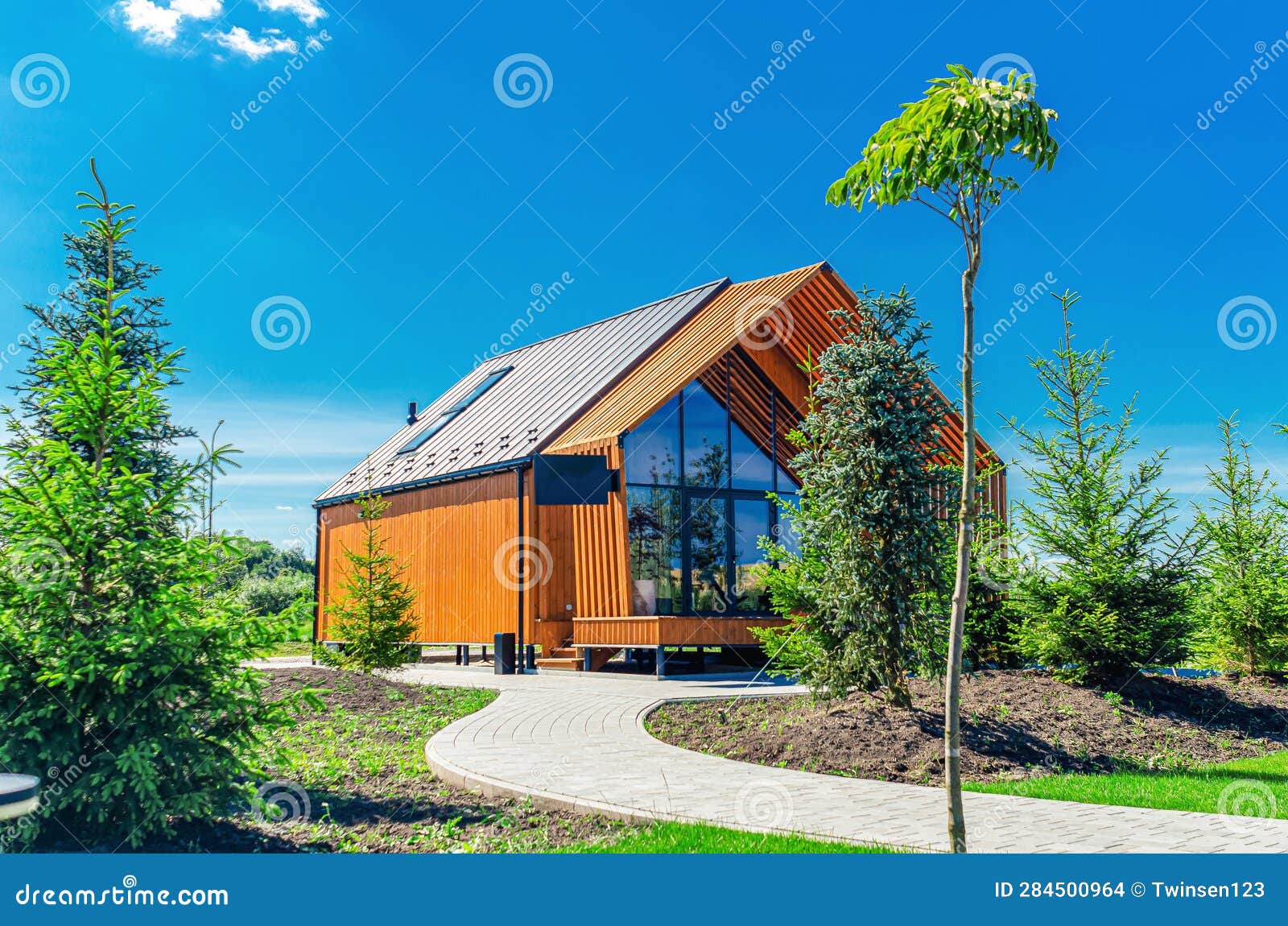 Small Barnhouse House on a Plot with a Path, Trees and Bushes Under a ...