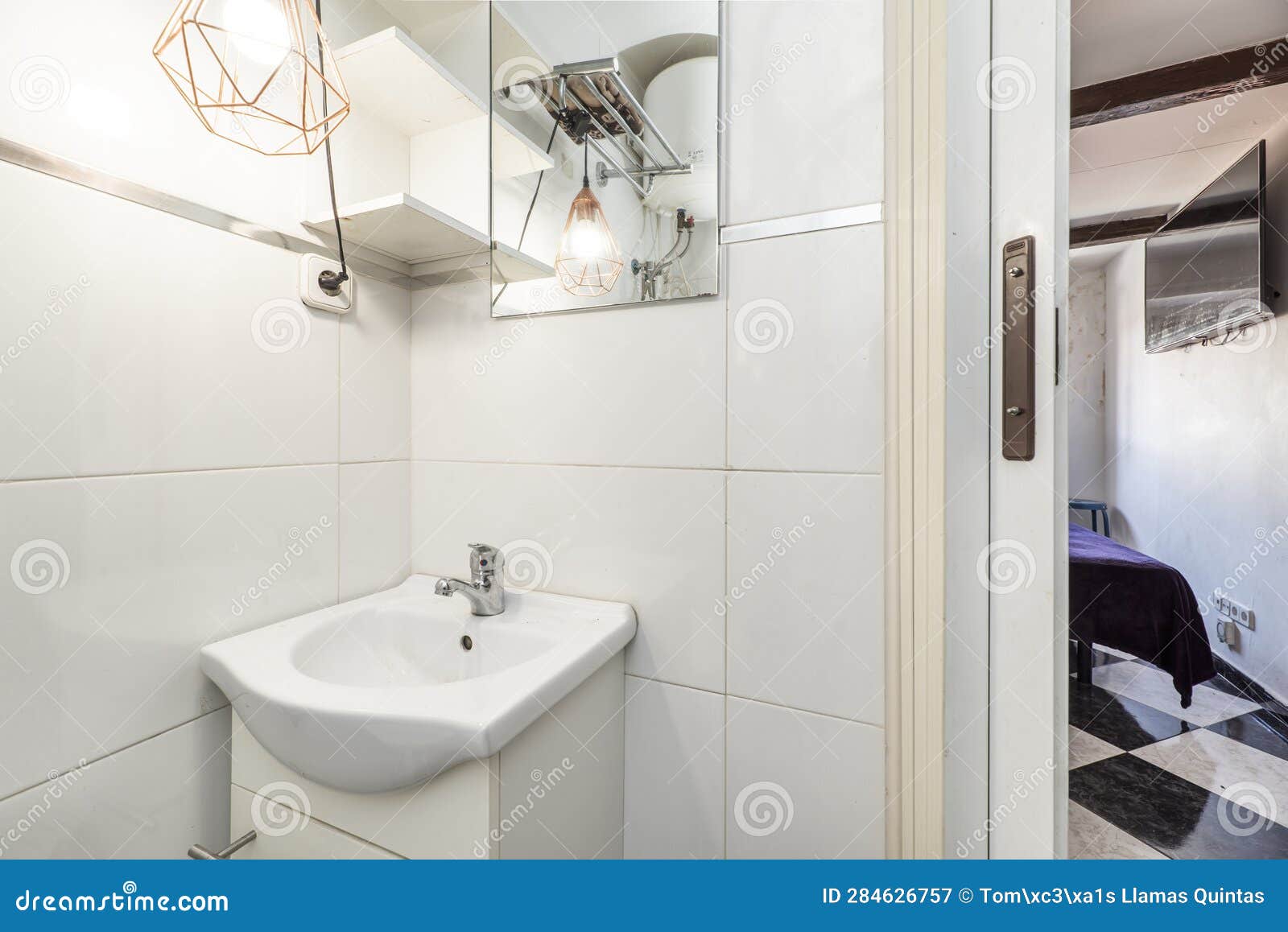 Small Bathroom with a Rectangular Frameless Mirror Stock Image - Image ...