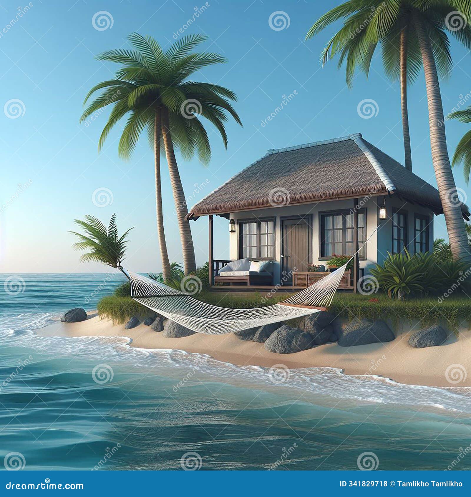 A Small Beachside House with a Hammock in the Front Yard, Generative ...