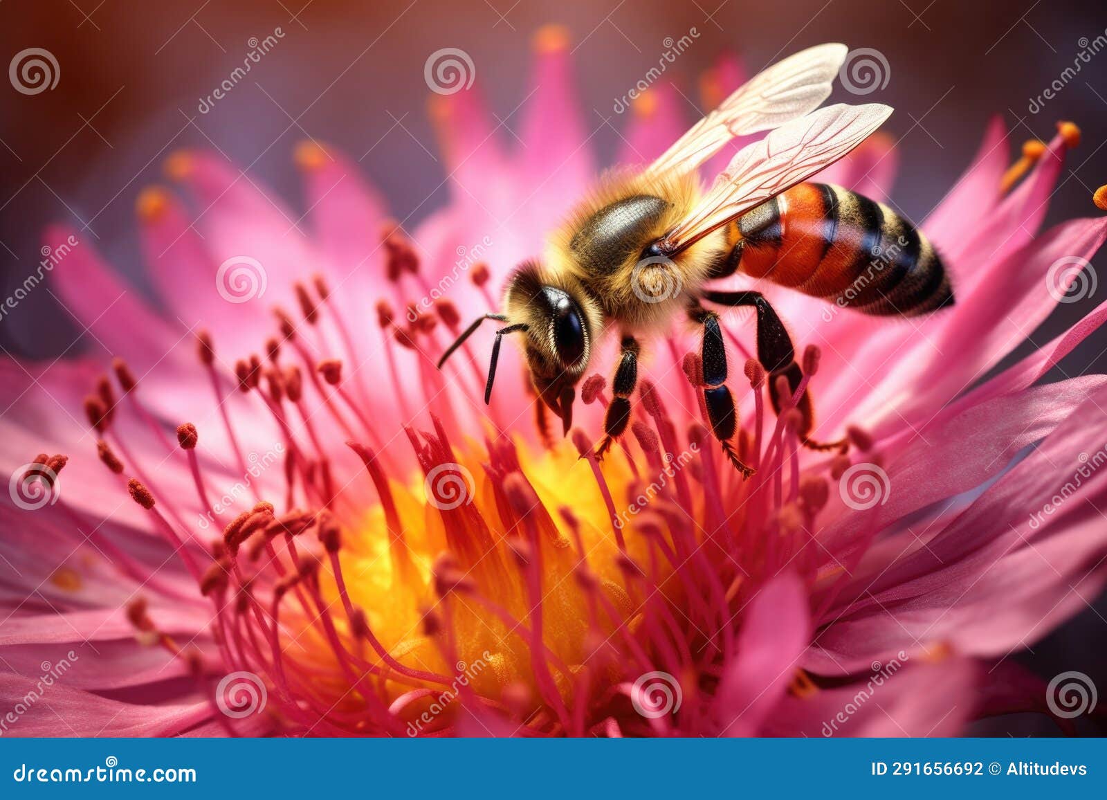 A Small Bee Taking Nectar from a Flower, Older Bees in the Backdrop ...