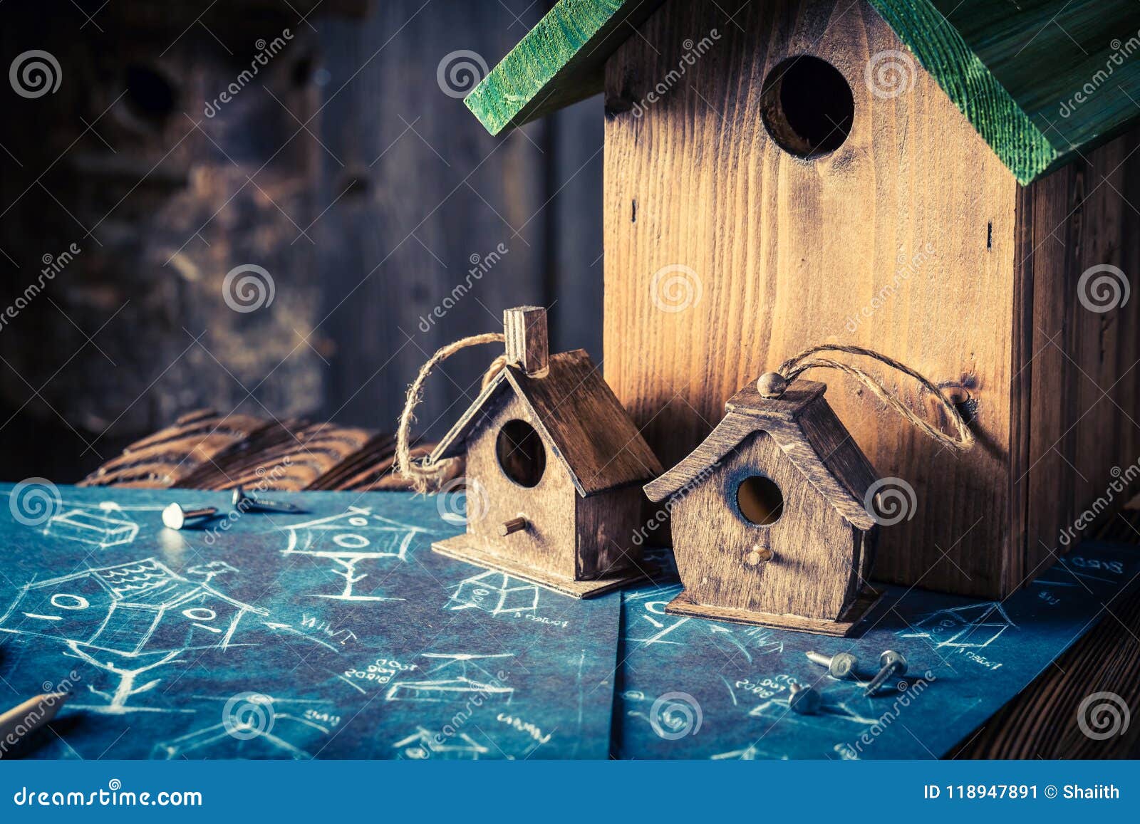 Small Bird Feeder in Wooden Workshop and Construction Plan Stock Image ...