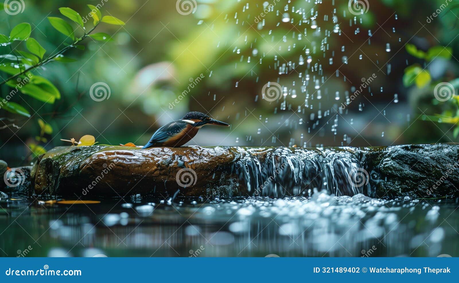 Small Bird on Rock by Waterfall, Rain Falling Stock Illustration ...