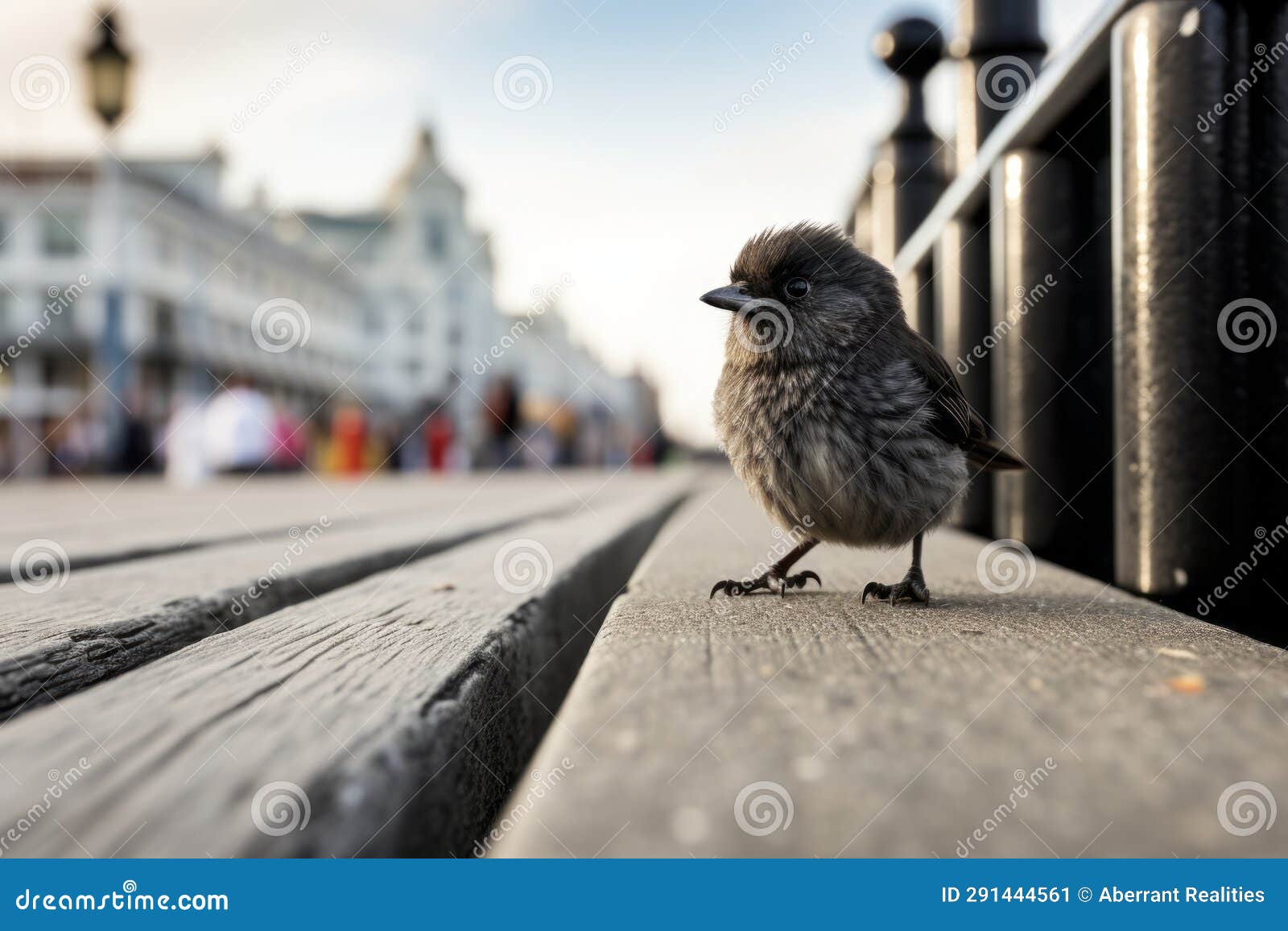 A Small Bird Standing on a Bench in Front of a Building Stock ...