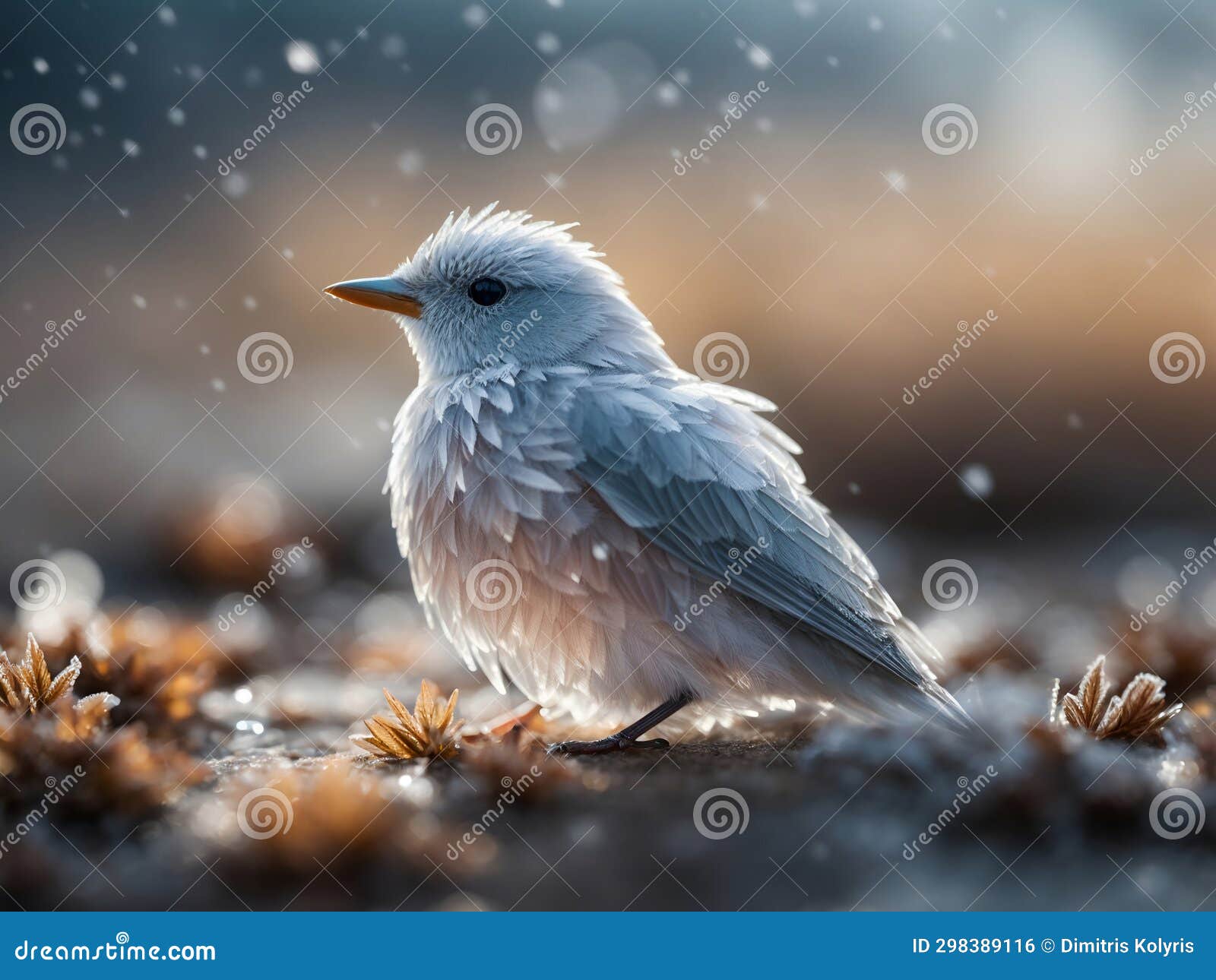 Small Bird with White Feathers and Snow Falling on Frozen Ground and ...