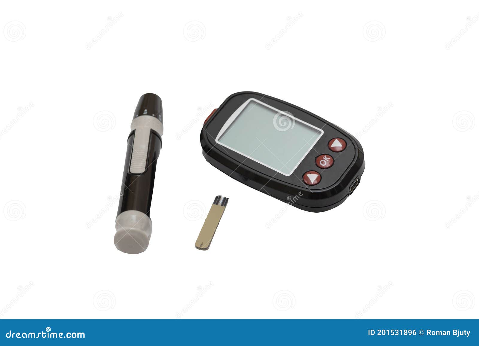 A Small Black Glucometer with a Pen and a Strip for Measuring Blood ...