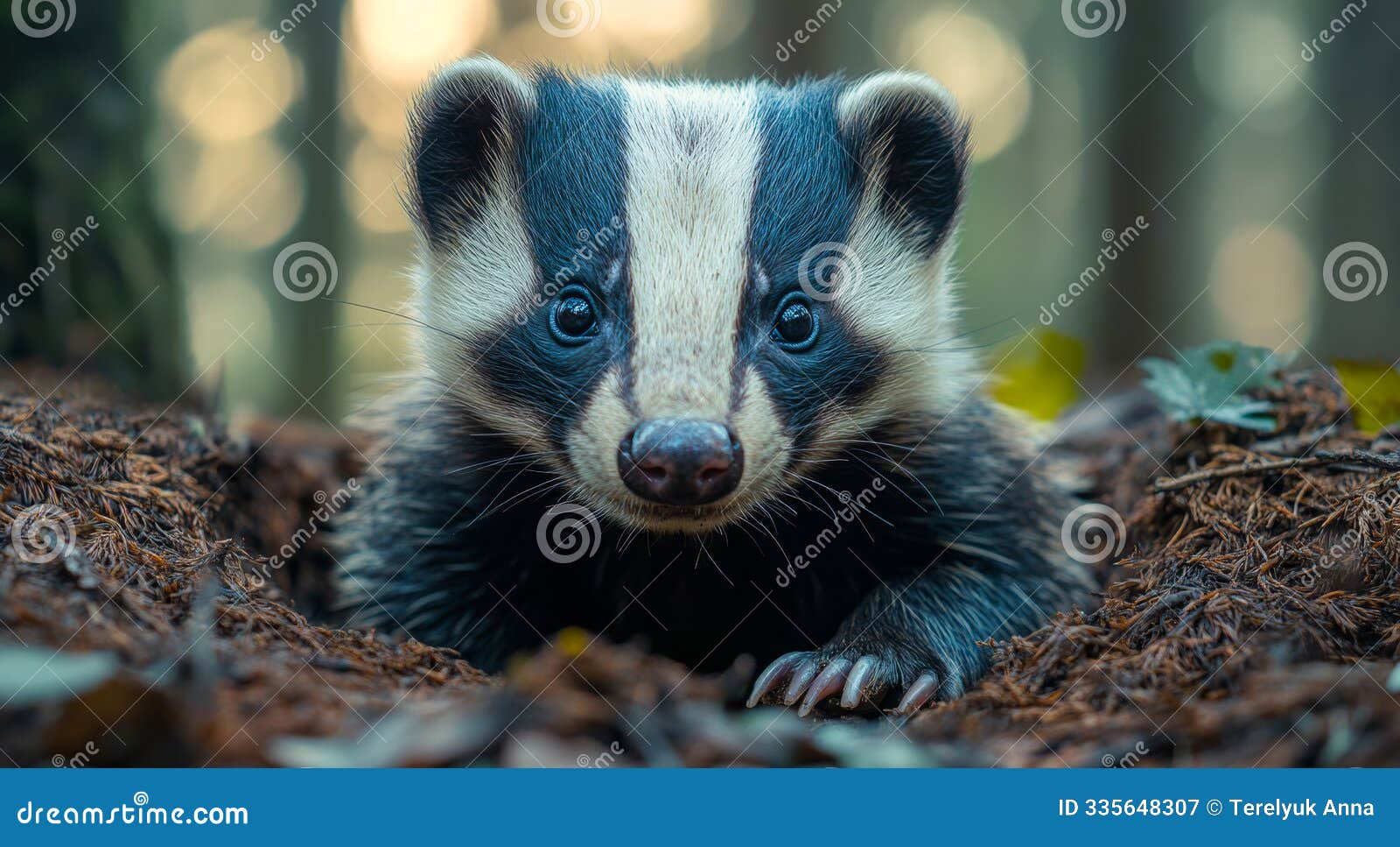 A Small Black and White Striped Badger is Looking at the Camera Stock ...