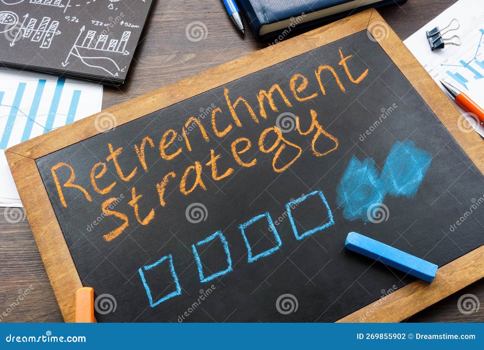 Small Blackboard with Retrenchment Strategy Inscription and Papers ...