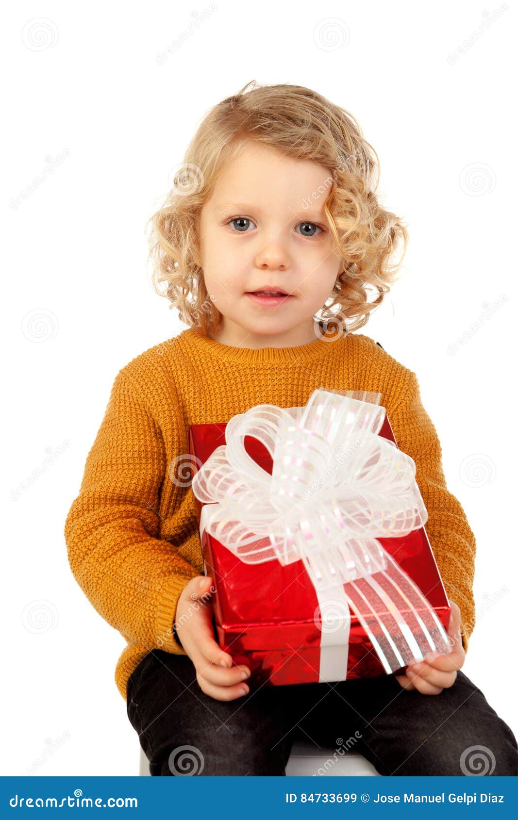 Small Blond Child with a Red Present Stock Image - Image of male ...