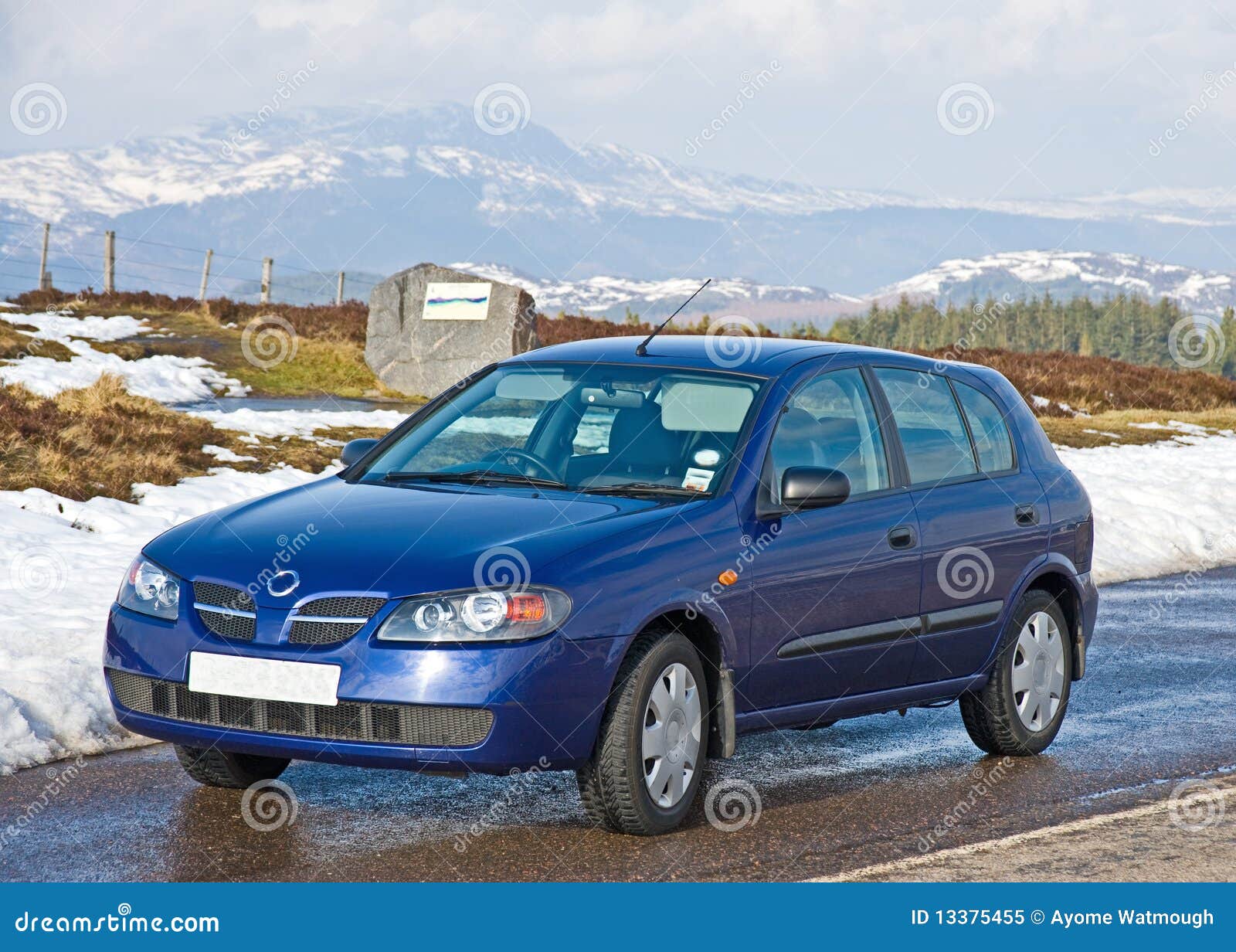 Small Blue Car in a Snowy Landscape. Stock Image - Image of economical ...