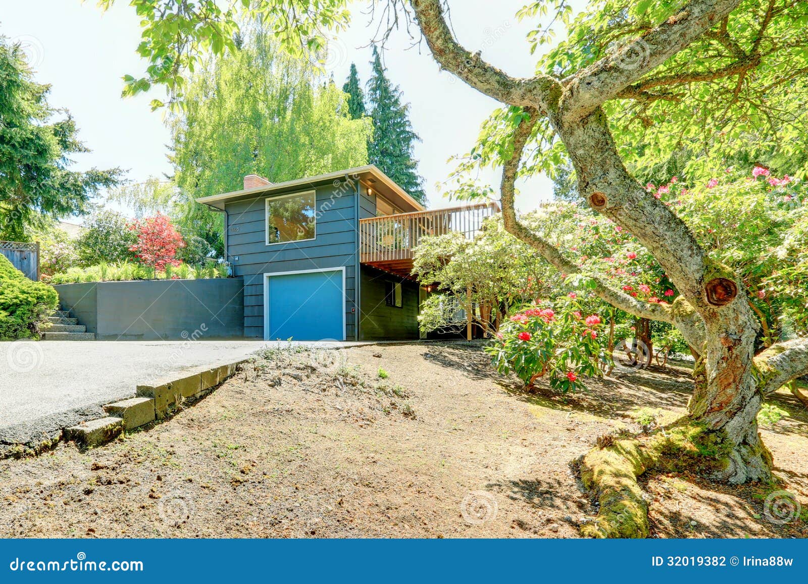 Small Blue House with Garage and Large Front Yard with Trees, Stock ...