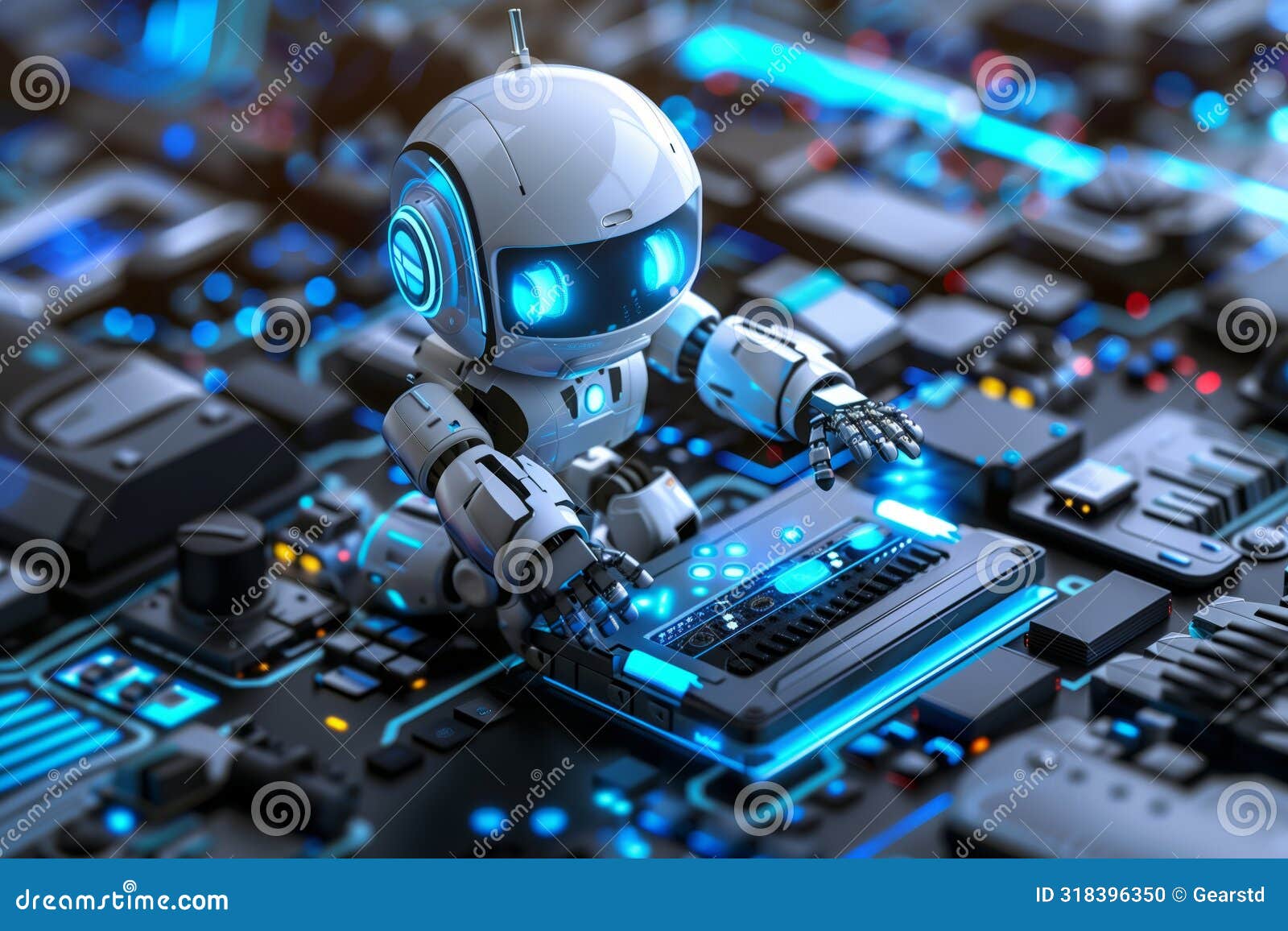 Blue Robot Working on Electronic Motherboard Stock Photo - Image of ...