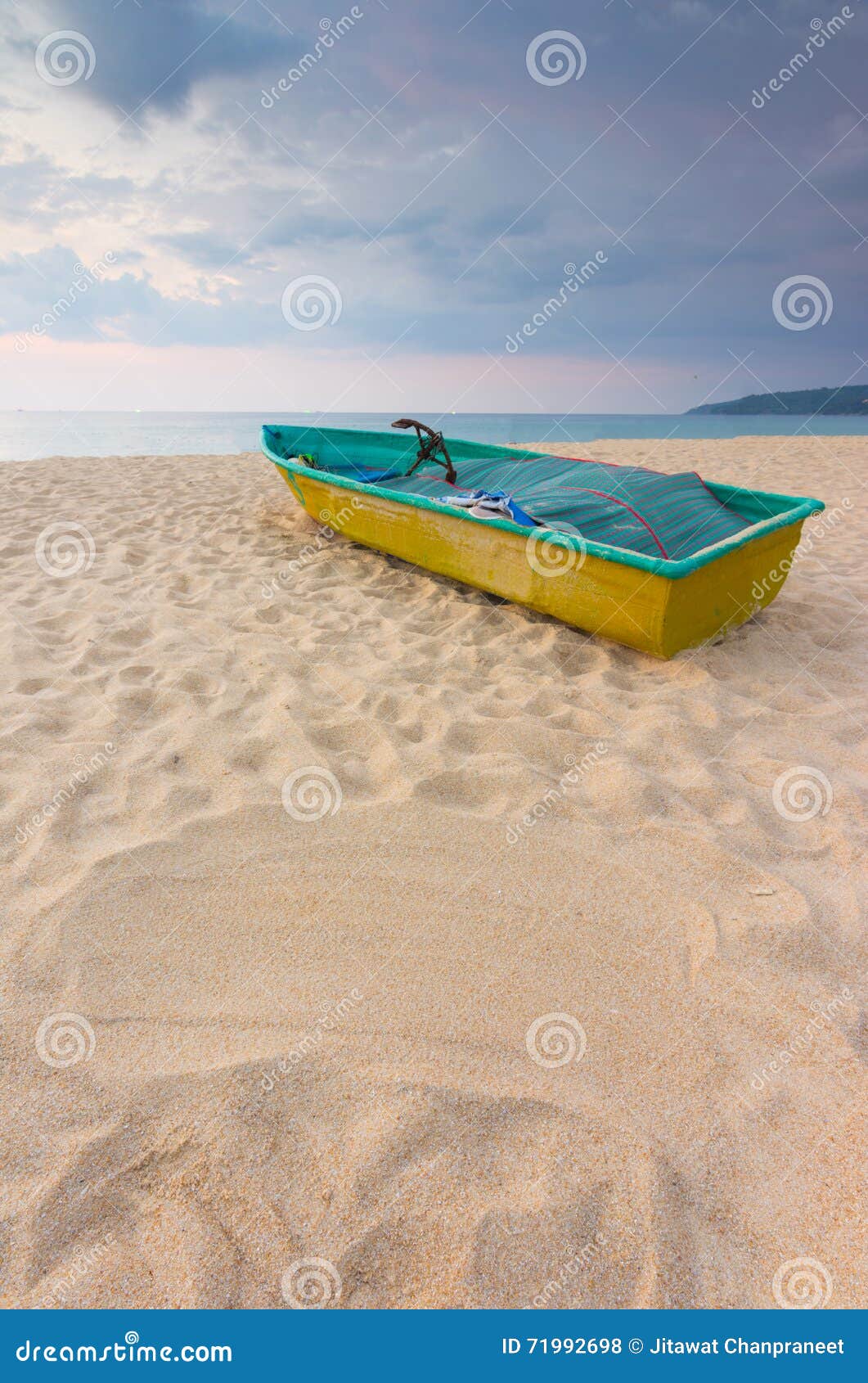 Small Boat on the Beach with Sand Sign for Writing Stock Photo - Image ...