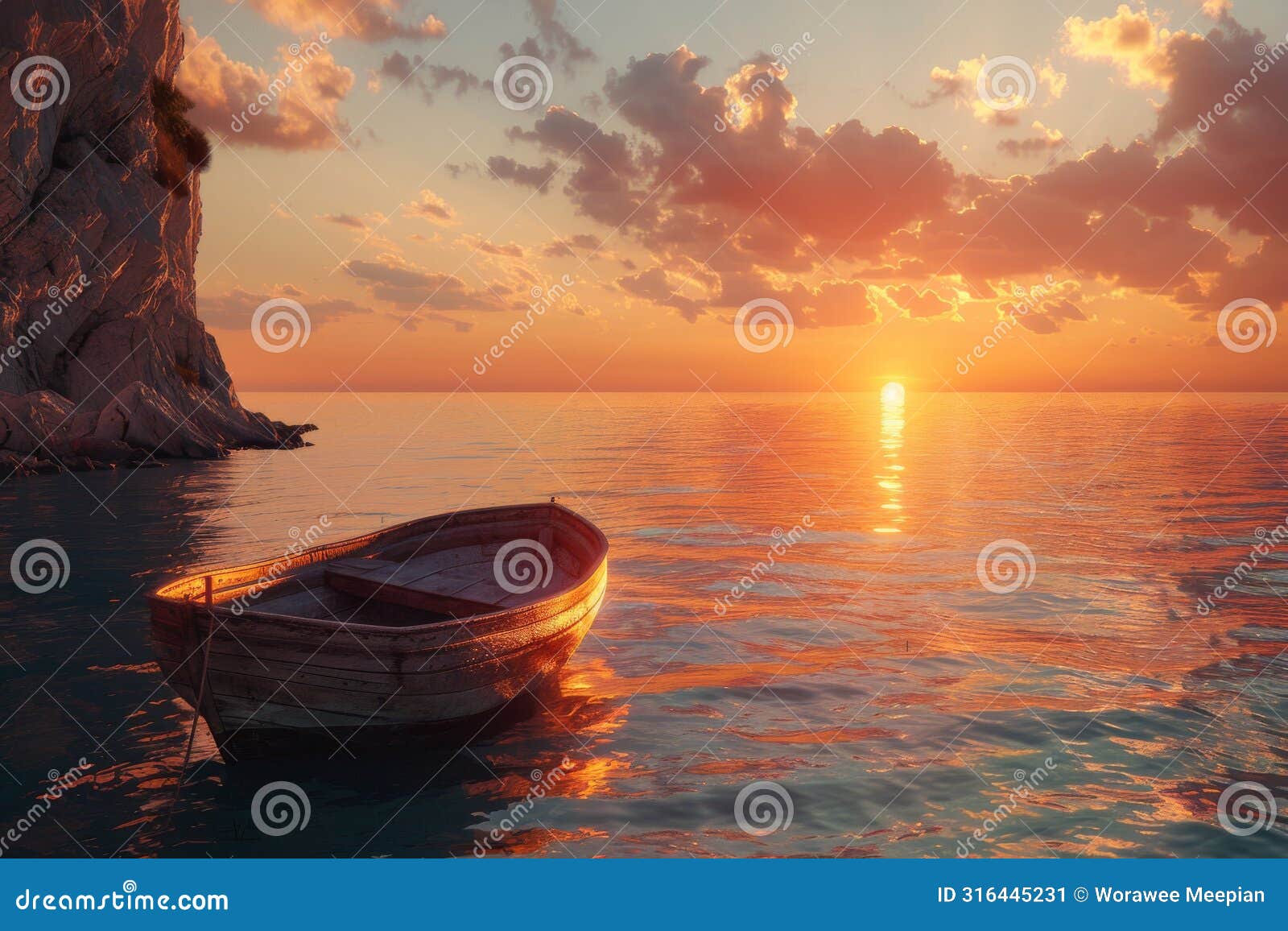 A Small Boat is Floating in the Ocean at Sunset Stock Image - Image of ...