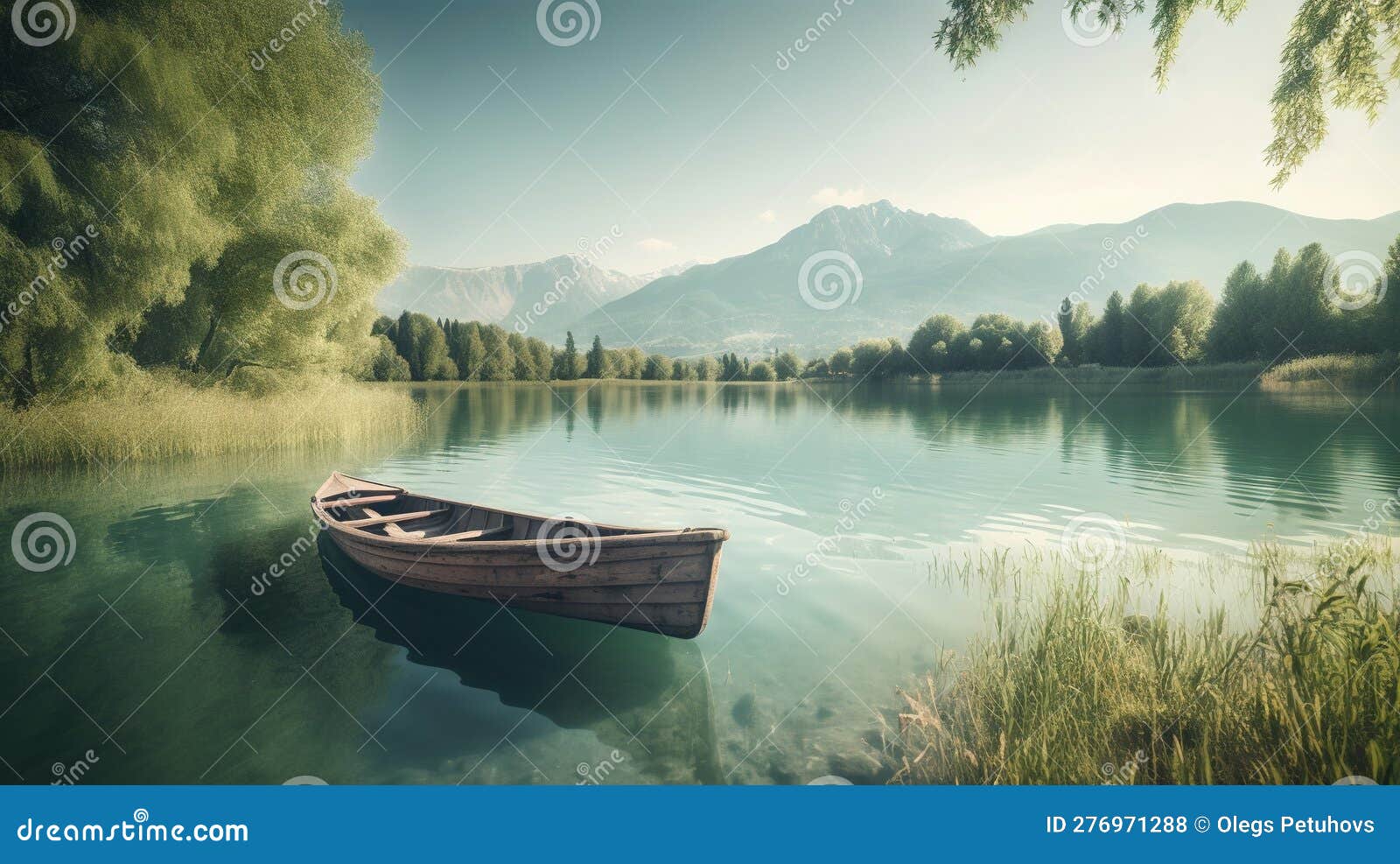 A Small Boat Floating on Top of a Lake Next To a Forest Stock ...