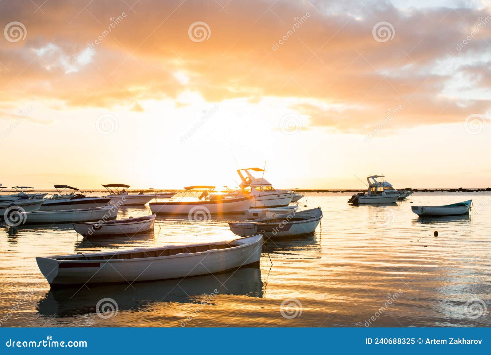 Small Boats in the Ocean at Sunset. Stock Image - Image of travel ...