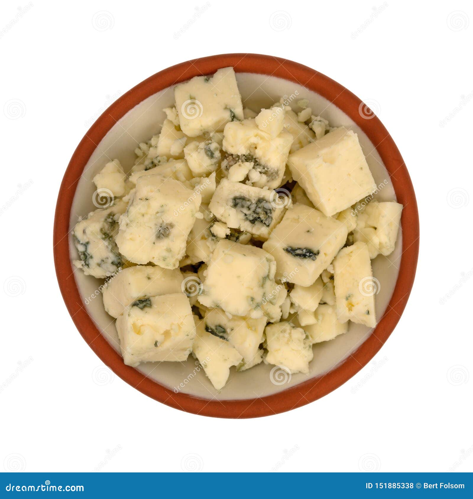 Small Bowl Filled with Chunks of Blue Cheese on a White Background Top ...