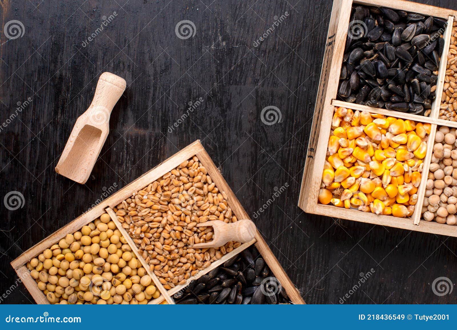 Small Box with Various Grains and Cereals on Wooden Table, Top View ...