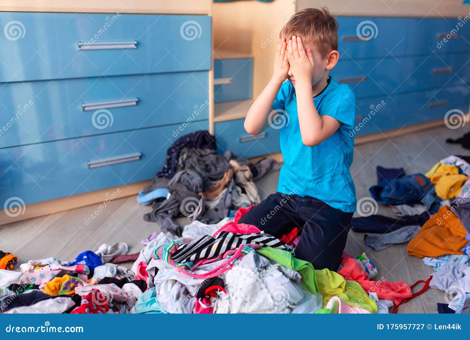 Small Boy Desperate with the Mess in His Clothes Stock Image - Image of ...