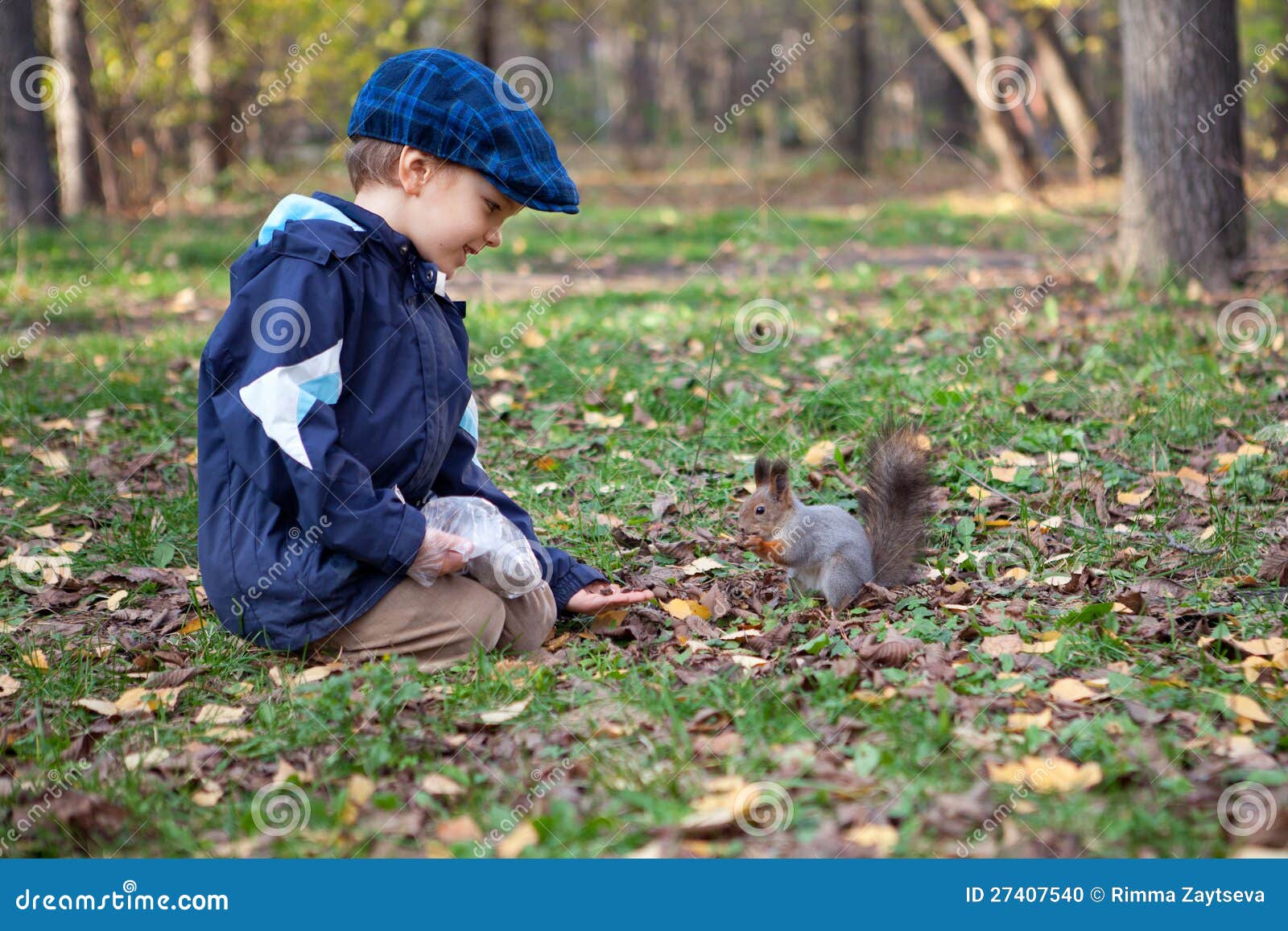 Small Boy and Little Squirrel in Autumn Park Stock Photo - Image of ...