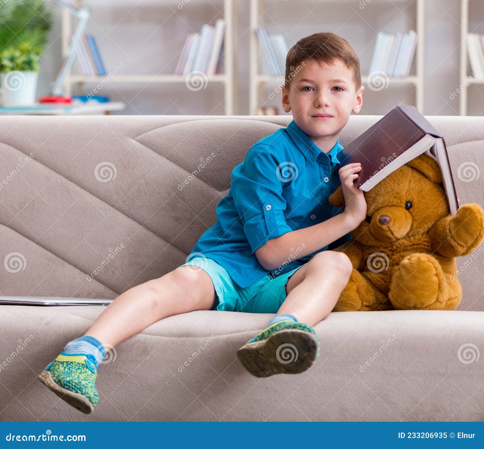 Small Boy Reading Books at Home Stock Image - Image of bear, adorable ...