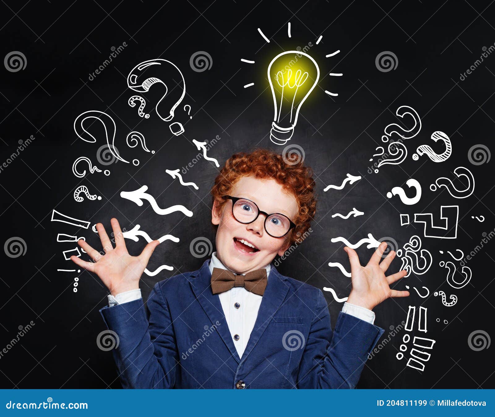 Small Boy Student with Question Marks and Light Bulb on Blackboard ...