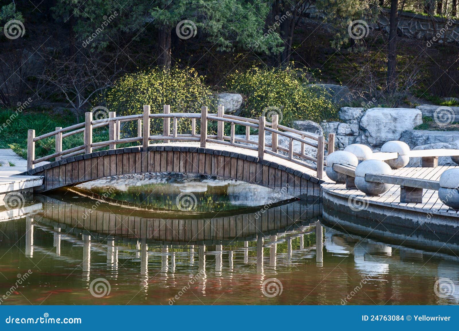 The Small Bridge Over a Pond Stock Photo - Image of outside, flower ...