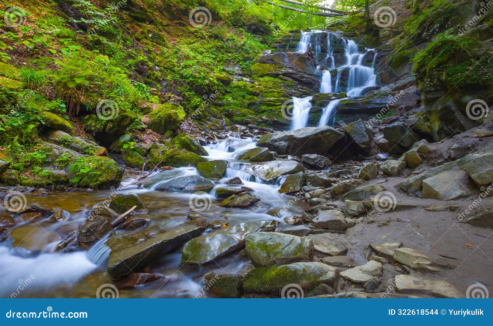 Brook with Waterfall Flow among Green Mountain Stock Photo - Image of ...