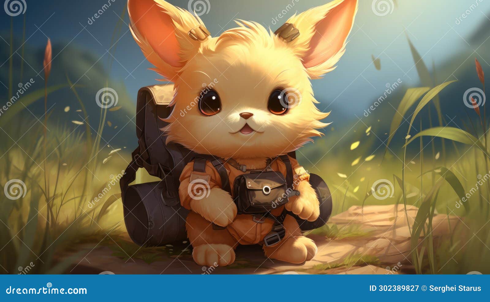 A Small Brown Bunny with a Backpack Sitting on the Ground, AI Stock ...