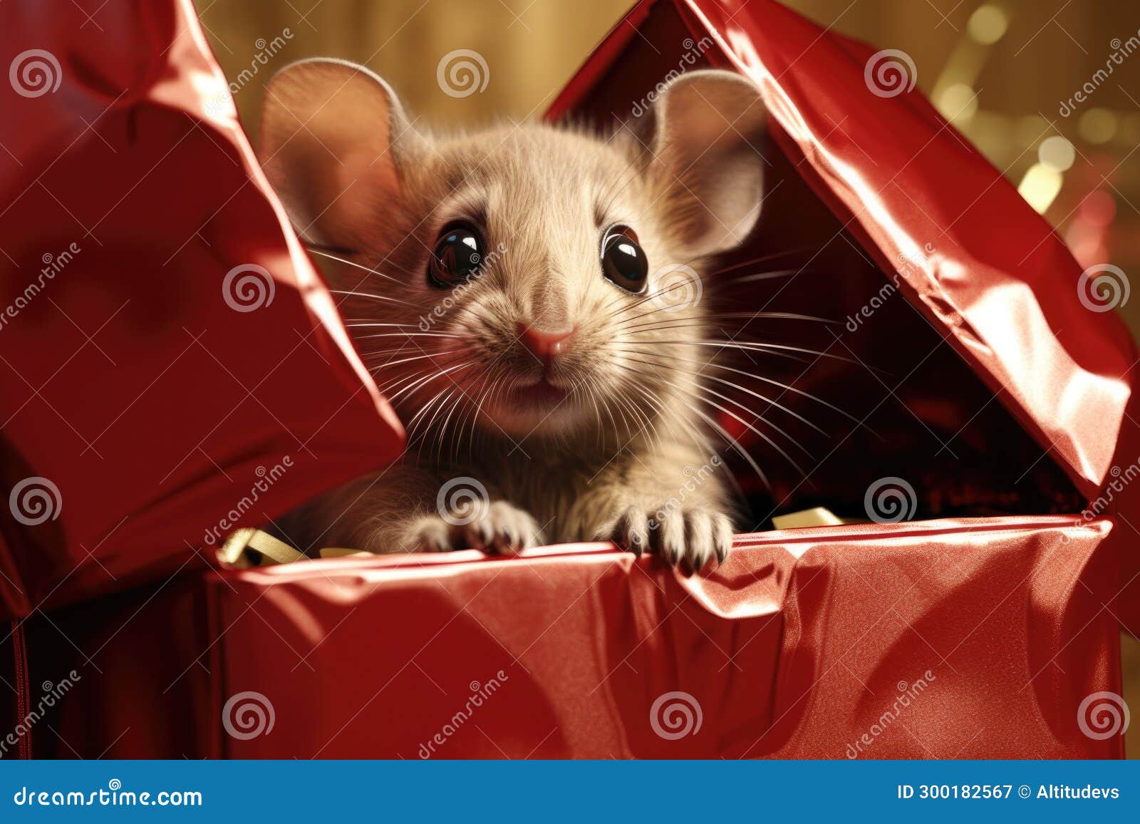 A Small Brown Mouse Popping Out of a Shiny Red Gift Box Stock Image ...