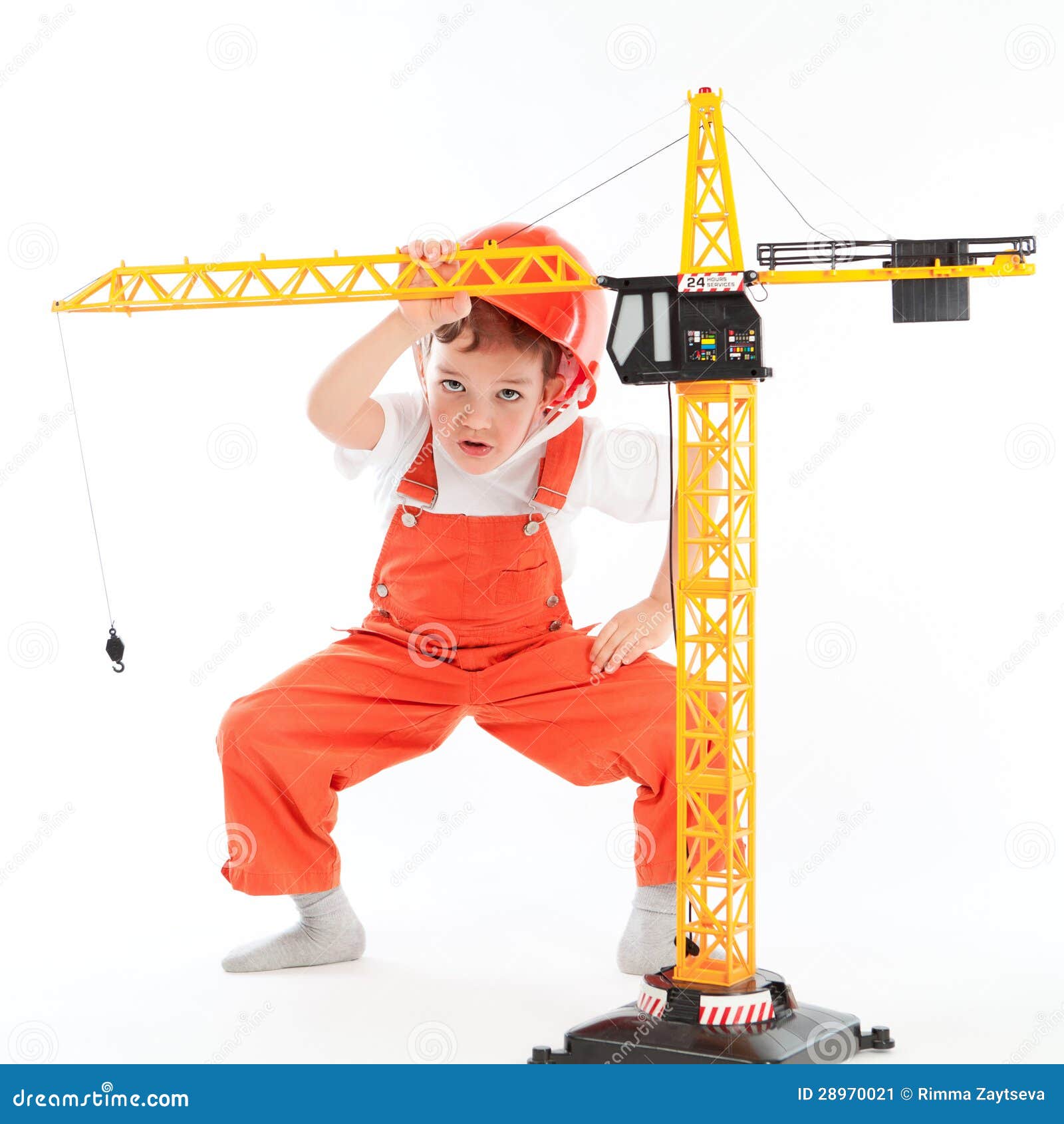 Small Builder and Crane on White Background Stock Image - Image of ...