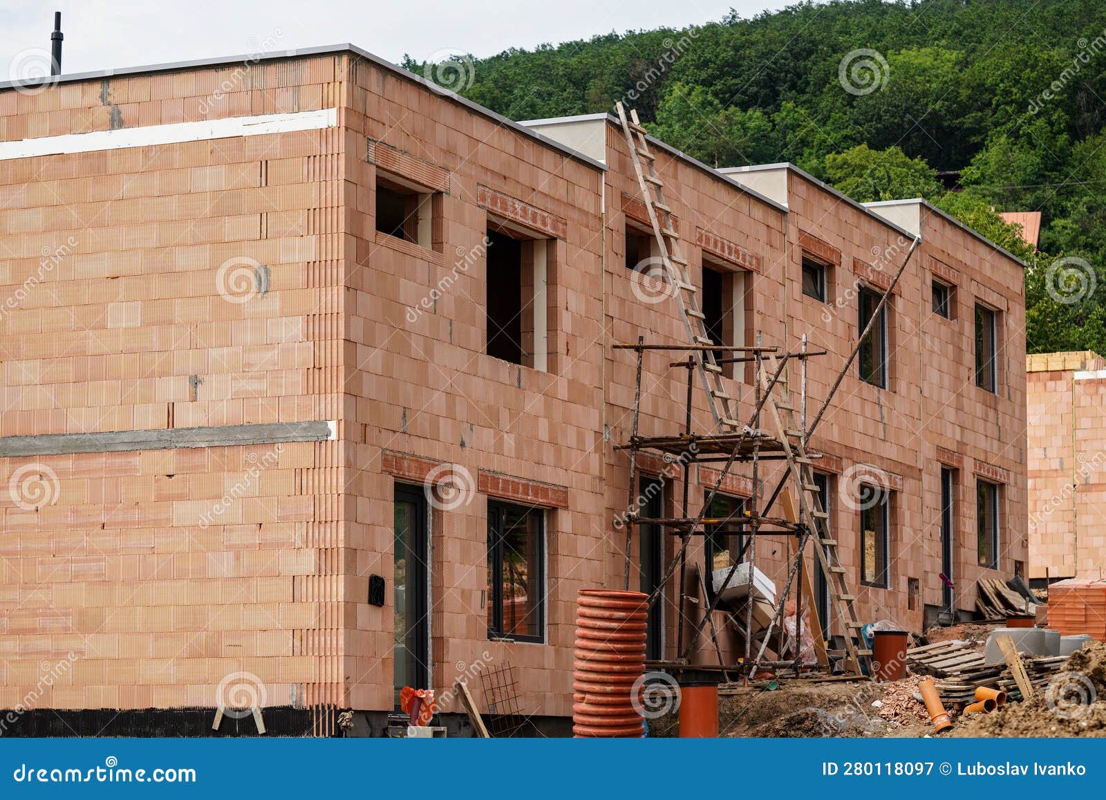 Small Building Construction Site, Wall Made of Orange Bricks, Small ...