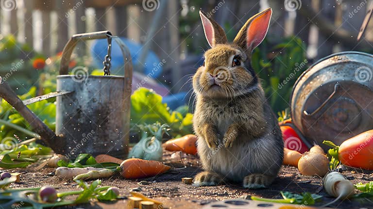 Grumpy Bunny Amidst Scattered Vegetables and Watering Can Stock ...