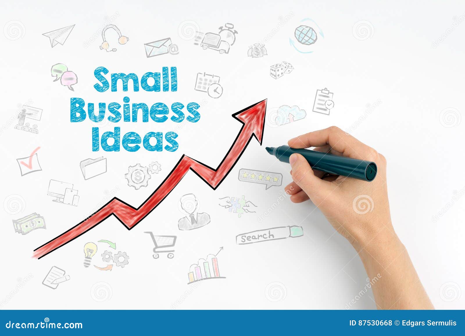 Small Business Ideas Concept. Hand with Marker Writing Stock Photo ...