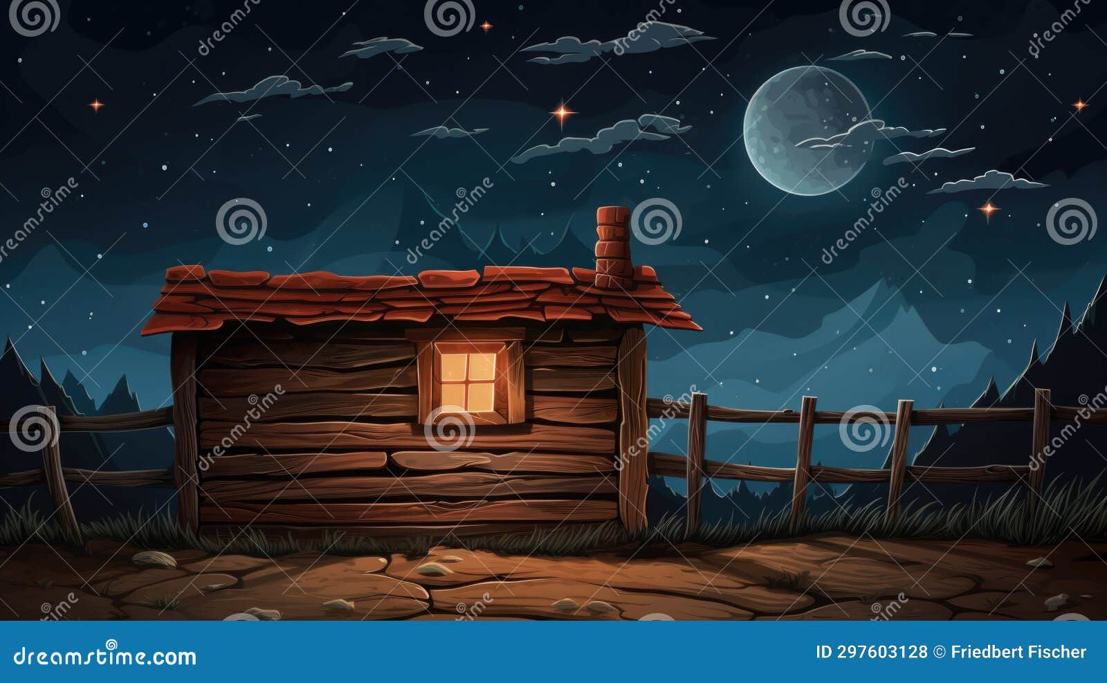 A Small Cabin in the Middle of a Field at Night Stock Illustration ...