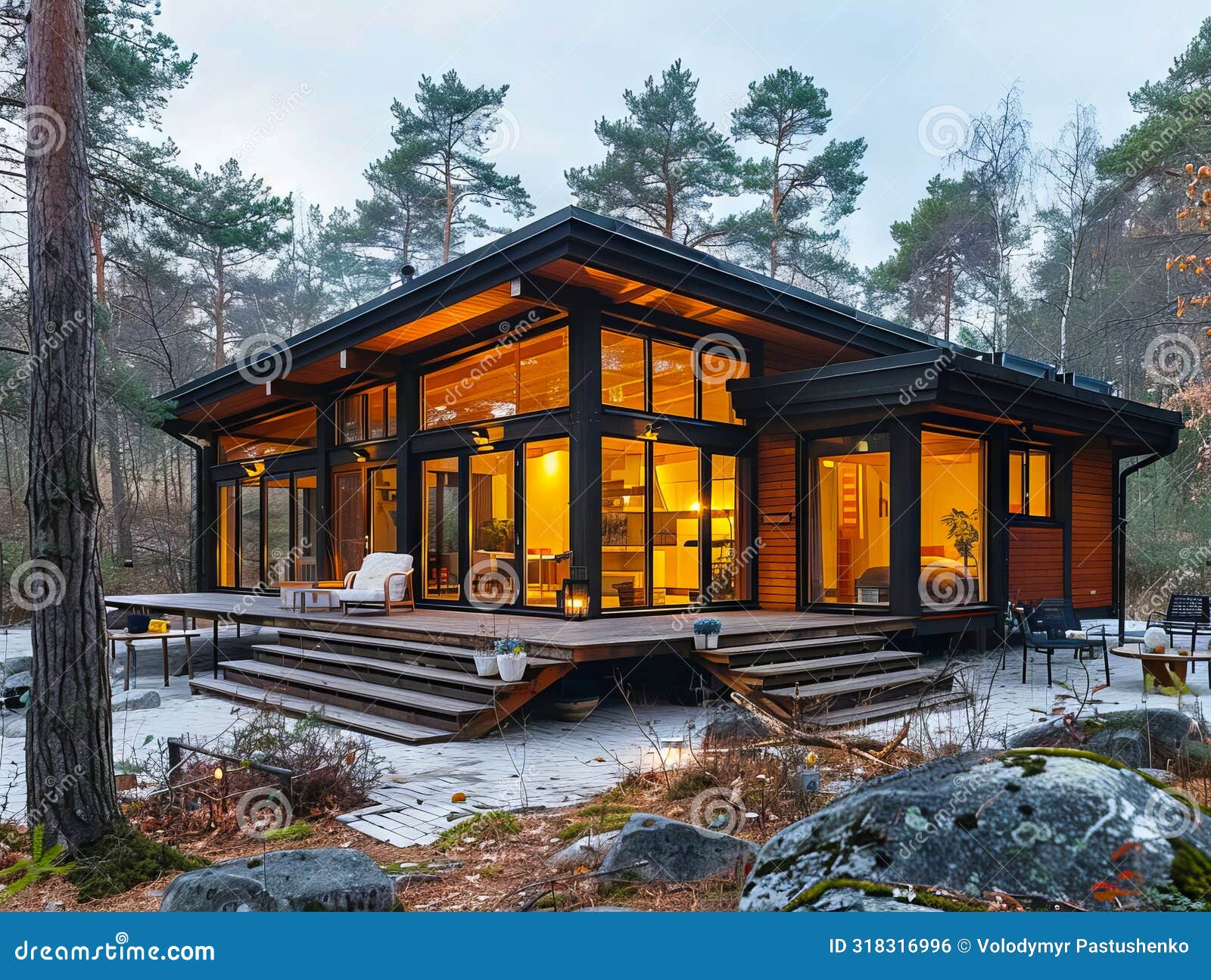A Small Cabin in the Woods with Glass Windows Stock Photo - Image of ...