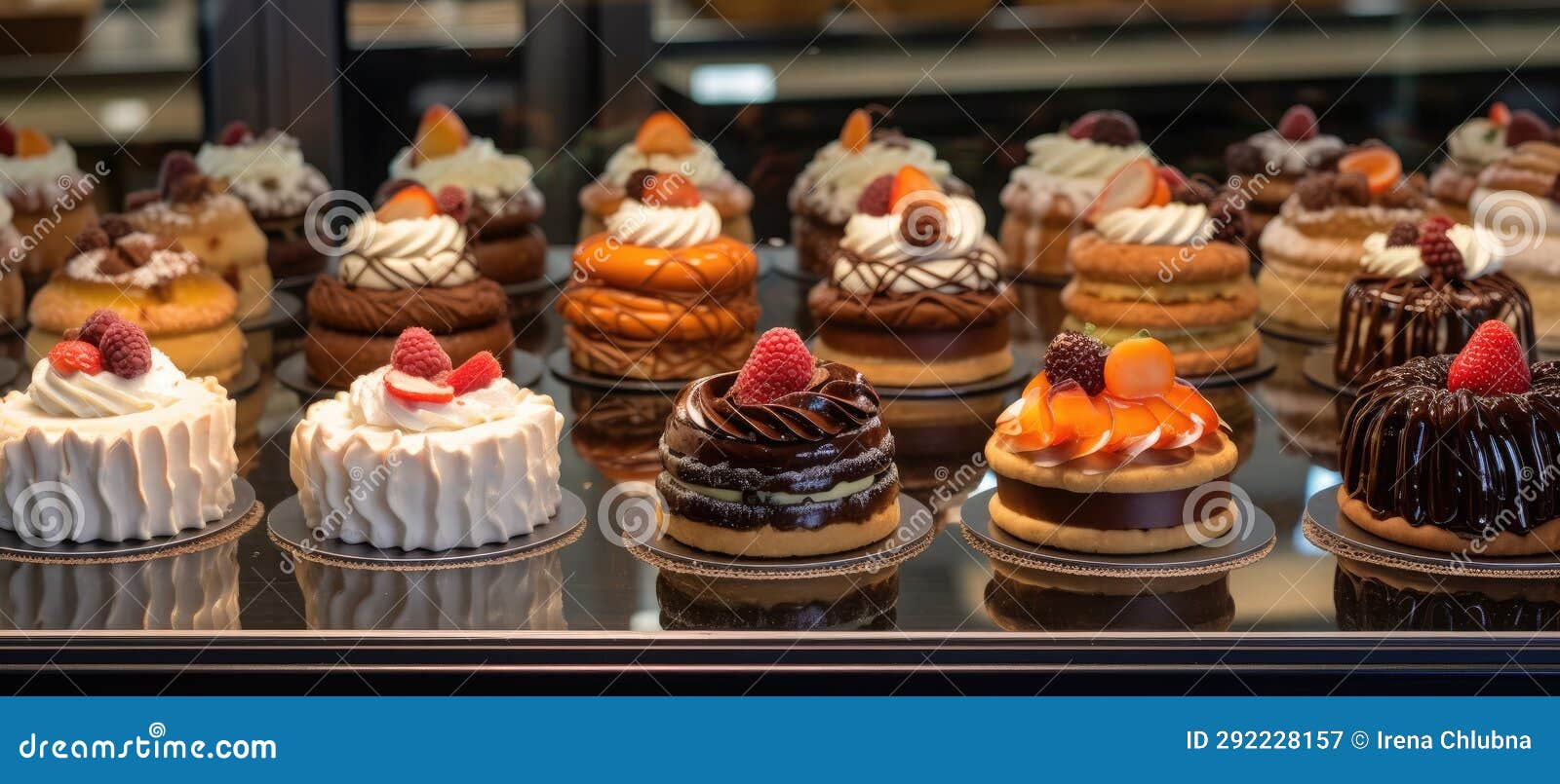 Small Cakes on Display at the Patisserie Counter Stock Illustration ...