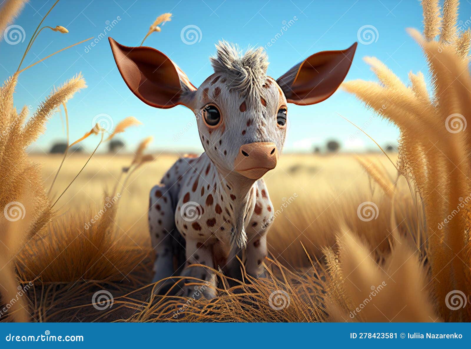 Calf Looking through the Blue Grass of the Prairie, Cartoon Style. AI ...