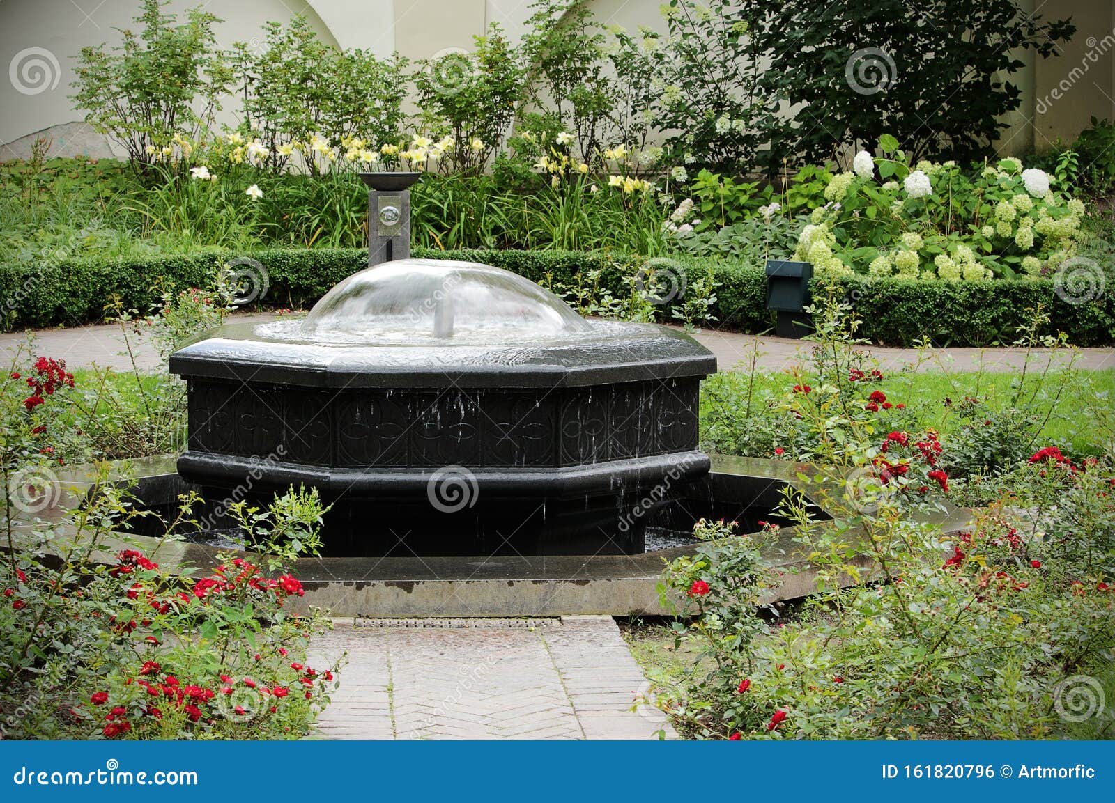 Small Calm Park Fountain Surrounded by Flowers Stock Photo - Image of ...