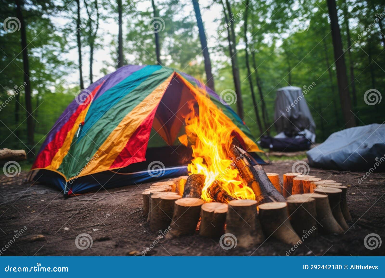 Small Campfire Burning in Front of a Colorful Tent Stock Illustration ...