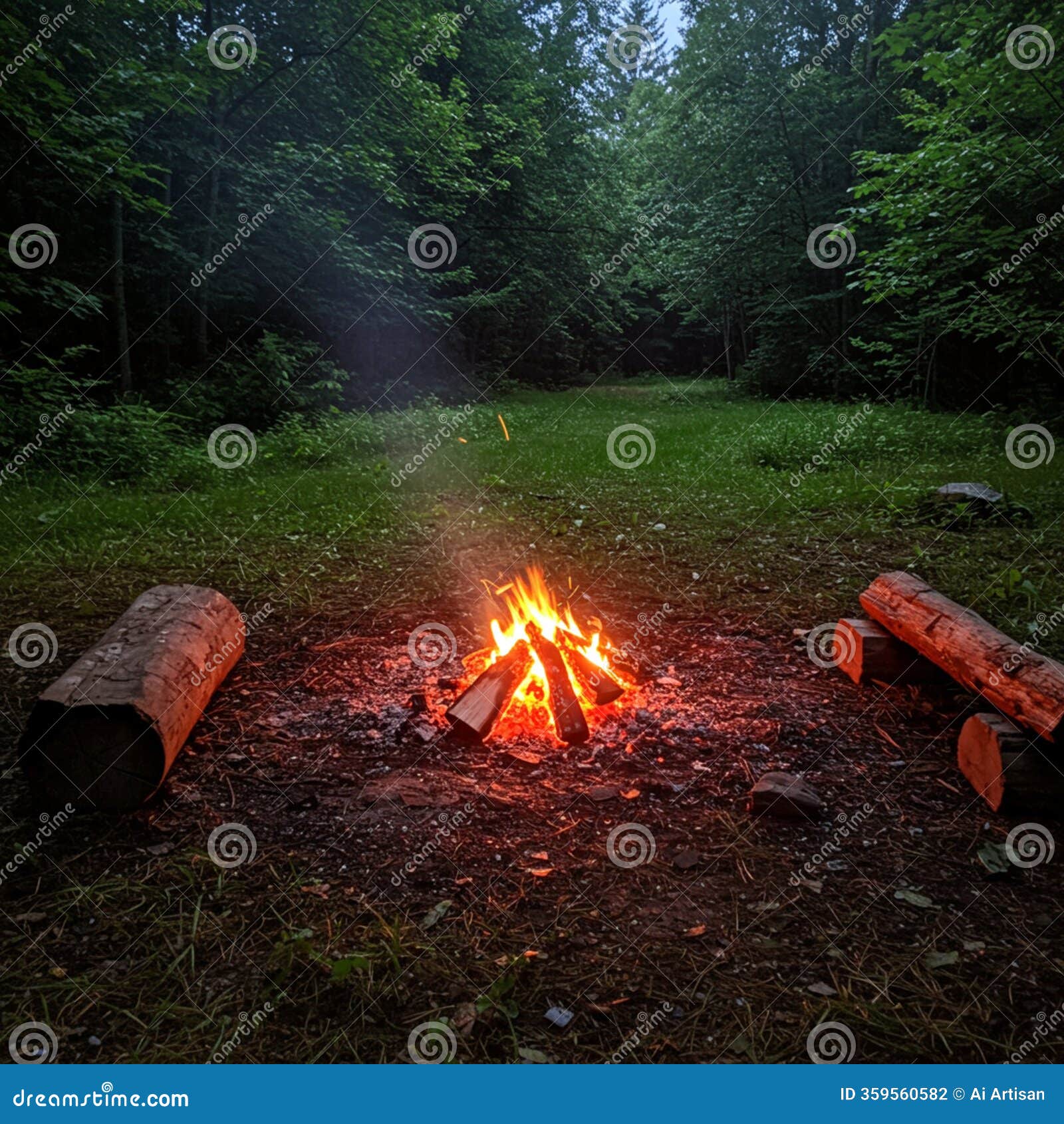 A Small Campfire Burns Brightly on a Forest Floor Surrounded by Lush ...