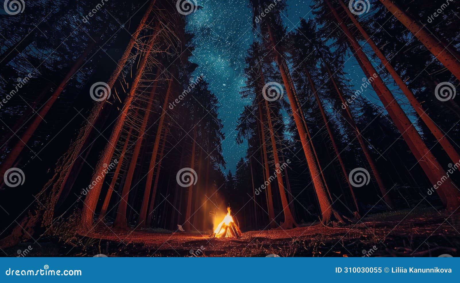 A Small Campfire Flickering in Front of the Dark Abyss of a Pine Forest ...