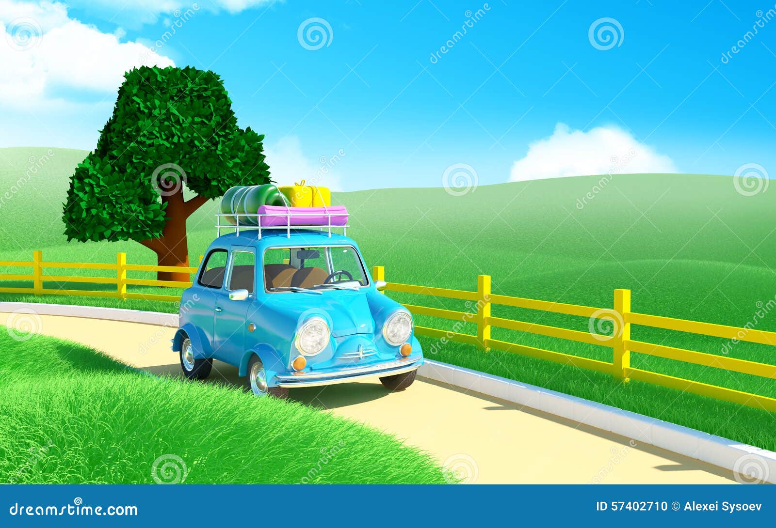 Small car in farm field stock illustration. Illustration of road - 57402710
