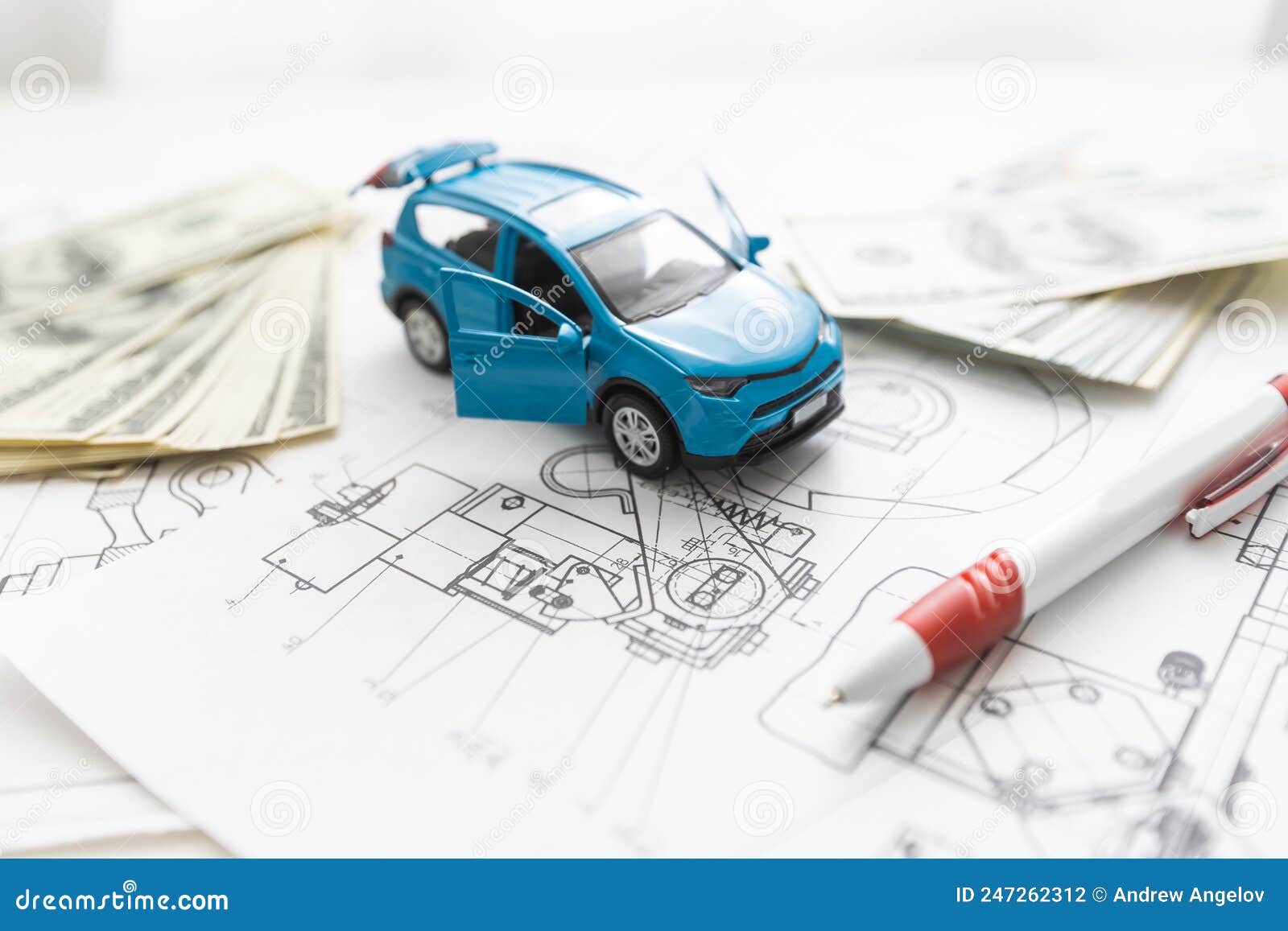 Small Car Model and Blueprint Sheets. Stock Photo - Image of rendering ...
