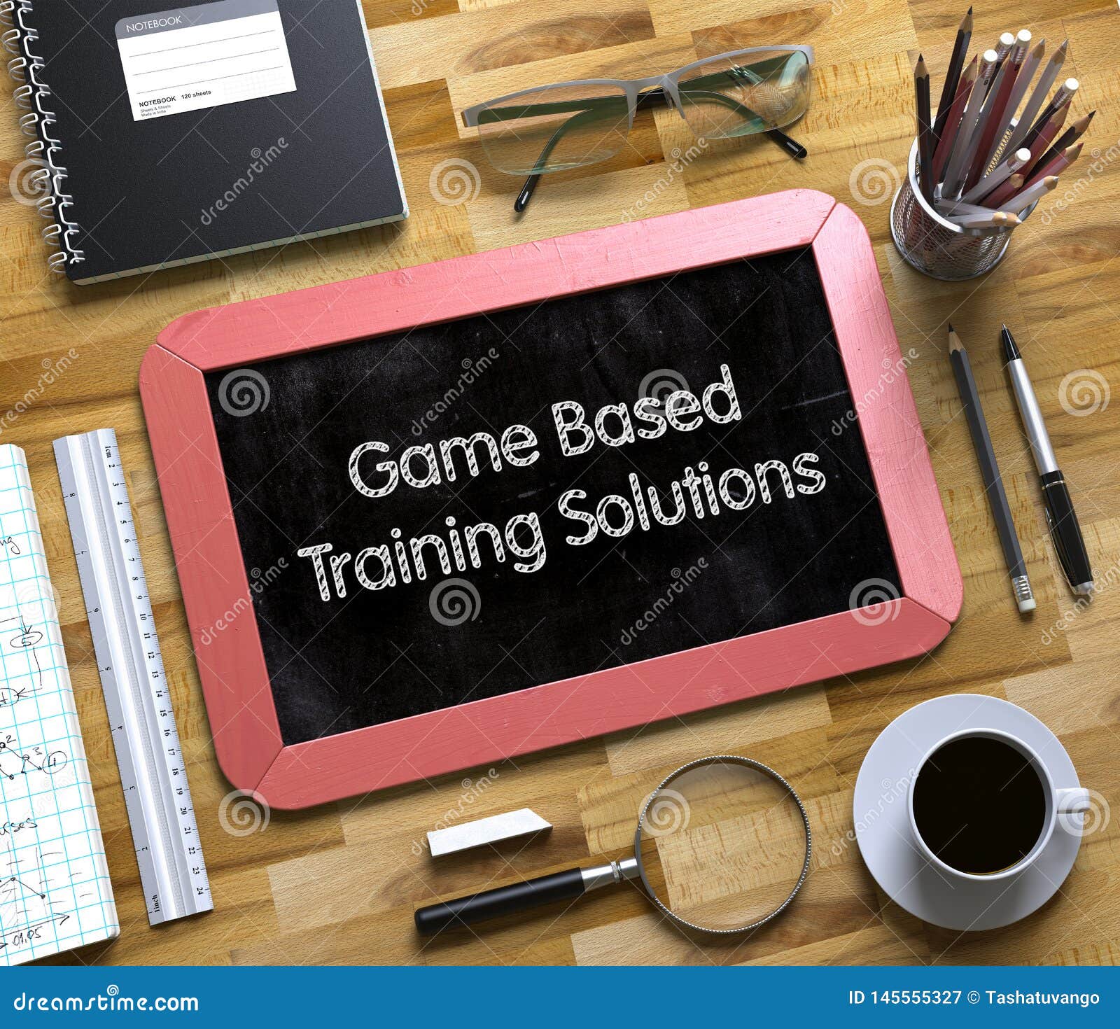 Small Chalkboard with Game Based Training Solutions. 3D. Stock Image ...